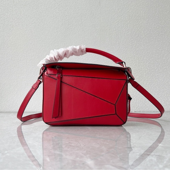 None | Bags | Red Leather Mini Patchwork Puzzle Bag Minimalist Satchel ...